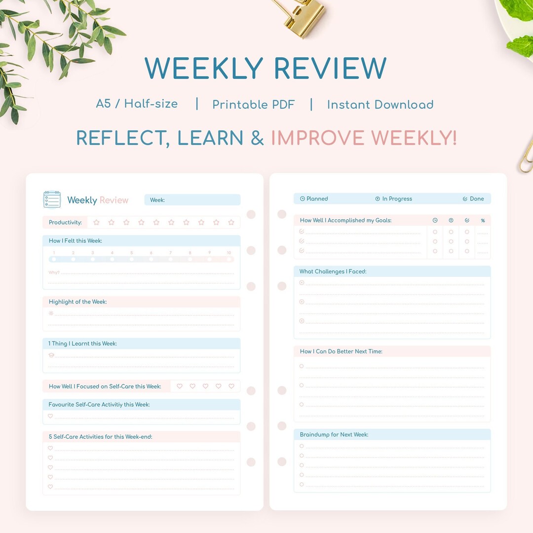 Weekly Review A5 / Half-size Weekly Reflection PDF Weekly Review ...