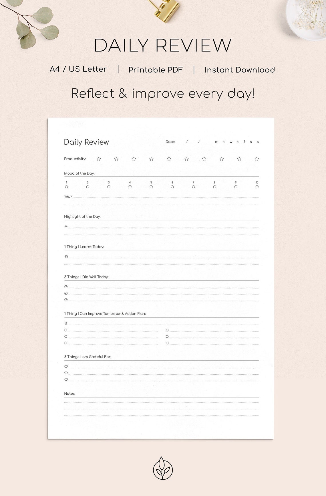 Daily Review Daily Reflection Growth Mindset | Etsy