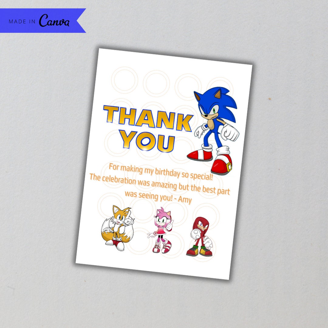 Sonic the Hedgehog Birthday Thank You Super Sonic Birthday Party Thank ...
