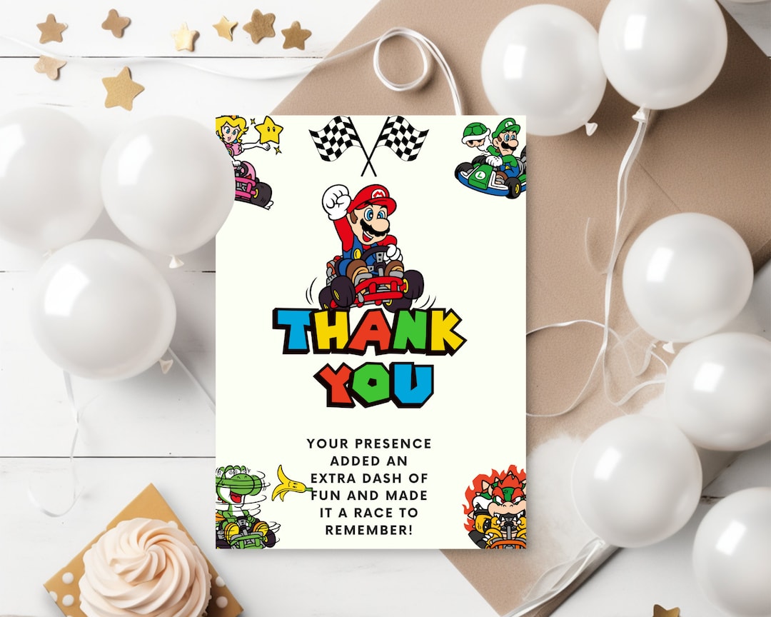 Thank You Card for Mario Kart Birthday Party Mario Bros Thank You Tag ...