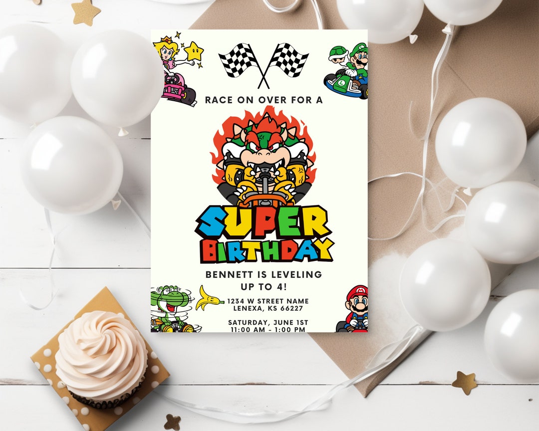 Kid Mario Bowser Kart Birthday Invitation Super Mario Birthday ...
