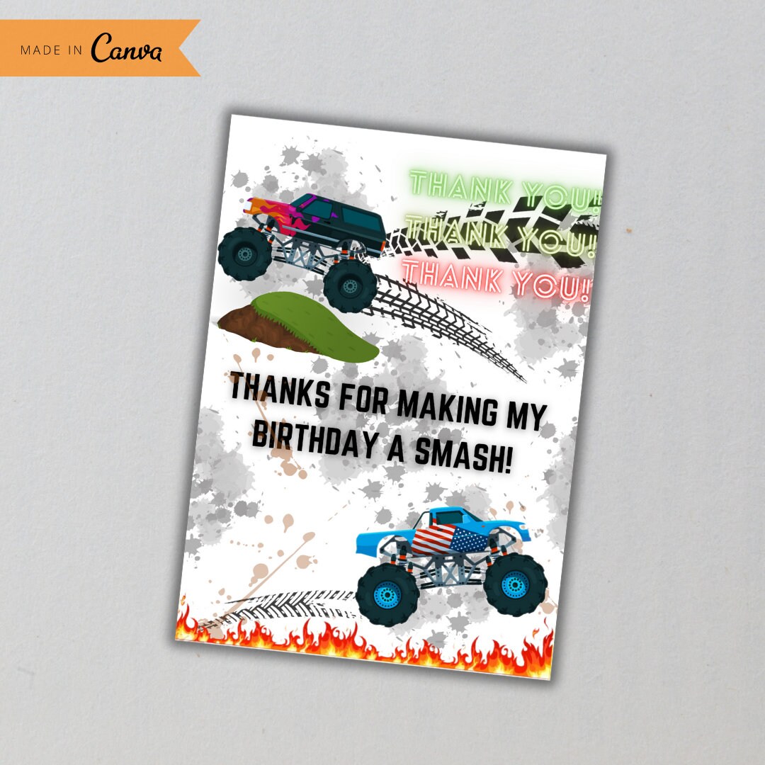 Kids Monster Truck Birthday Thank You Template Printable, Boy Birthday ...