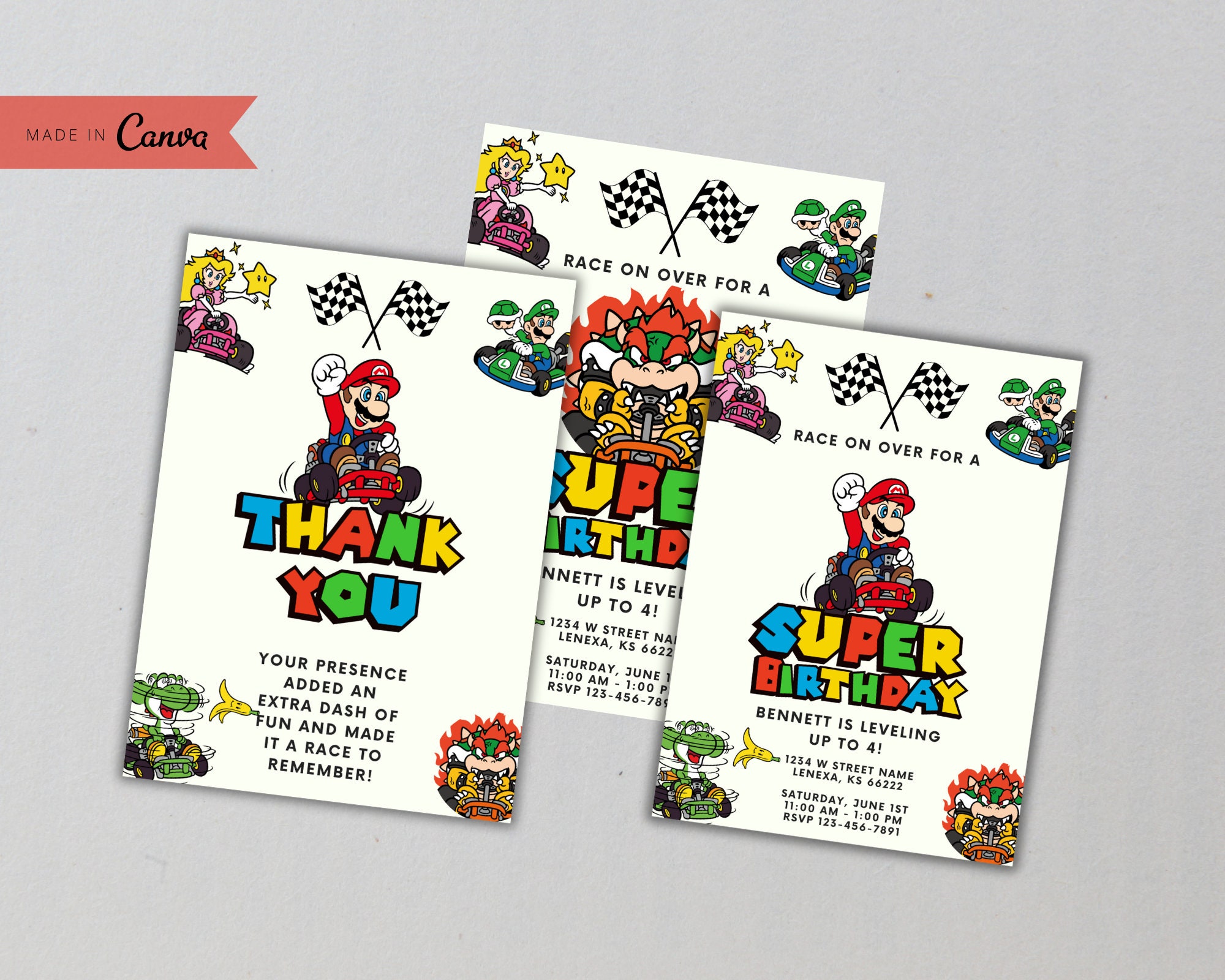Thank You Card for Mario Kart Birthday Party Mario Bros Thank You Tag ...