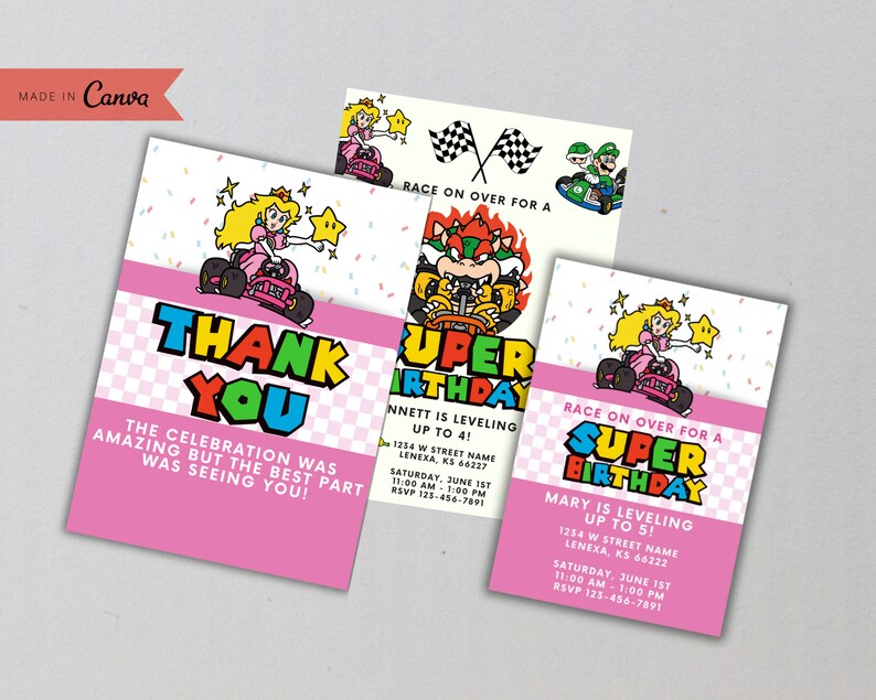 Princess Peach Thank You Card, Super Mario Birthday (digital Template ...