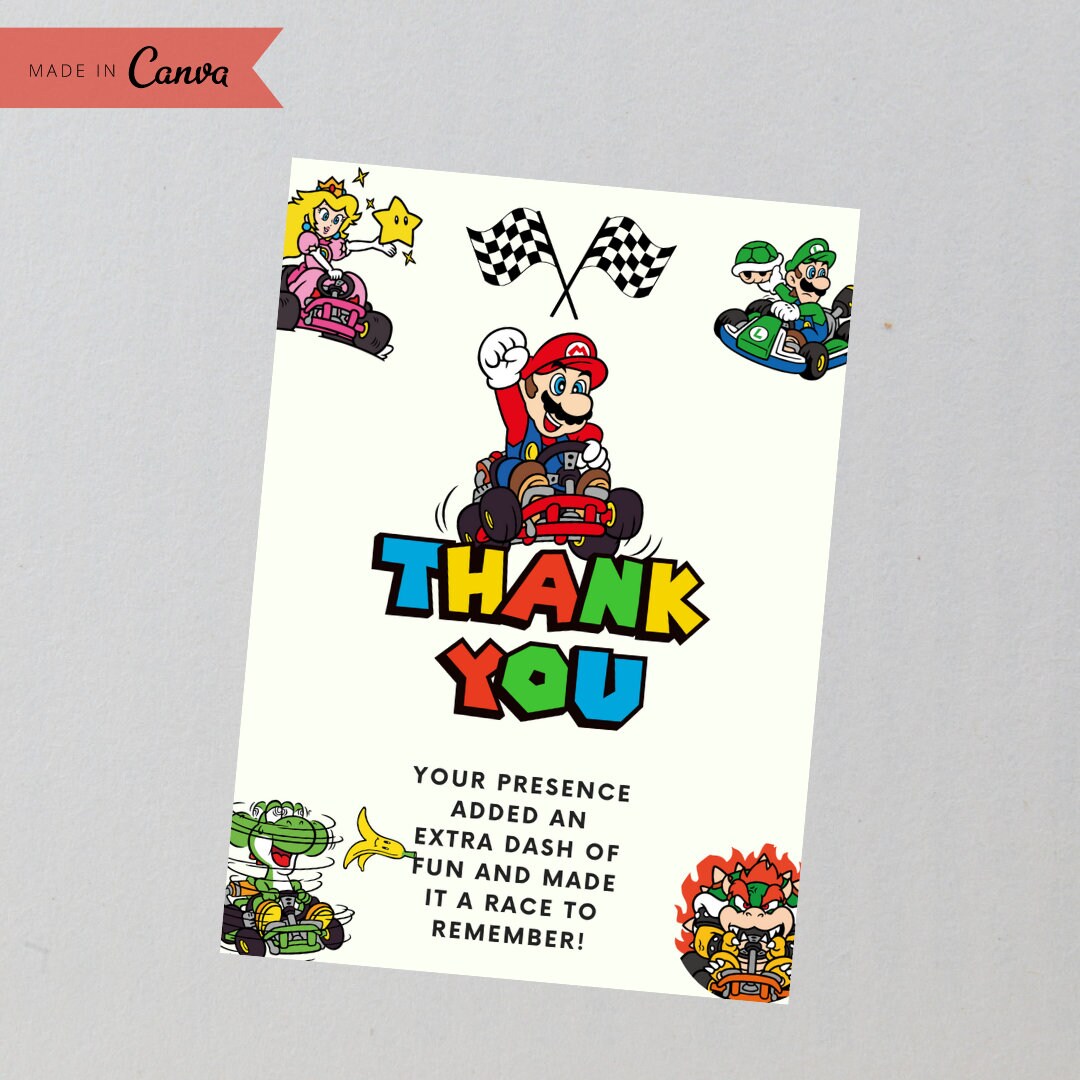 Thank You Card for Mario Kart Birthday Party Mario Bros Thank - Etsy