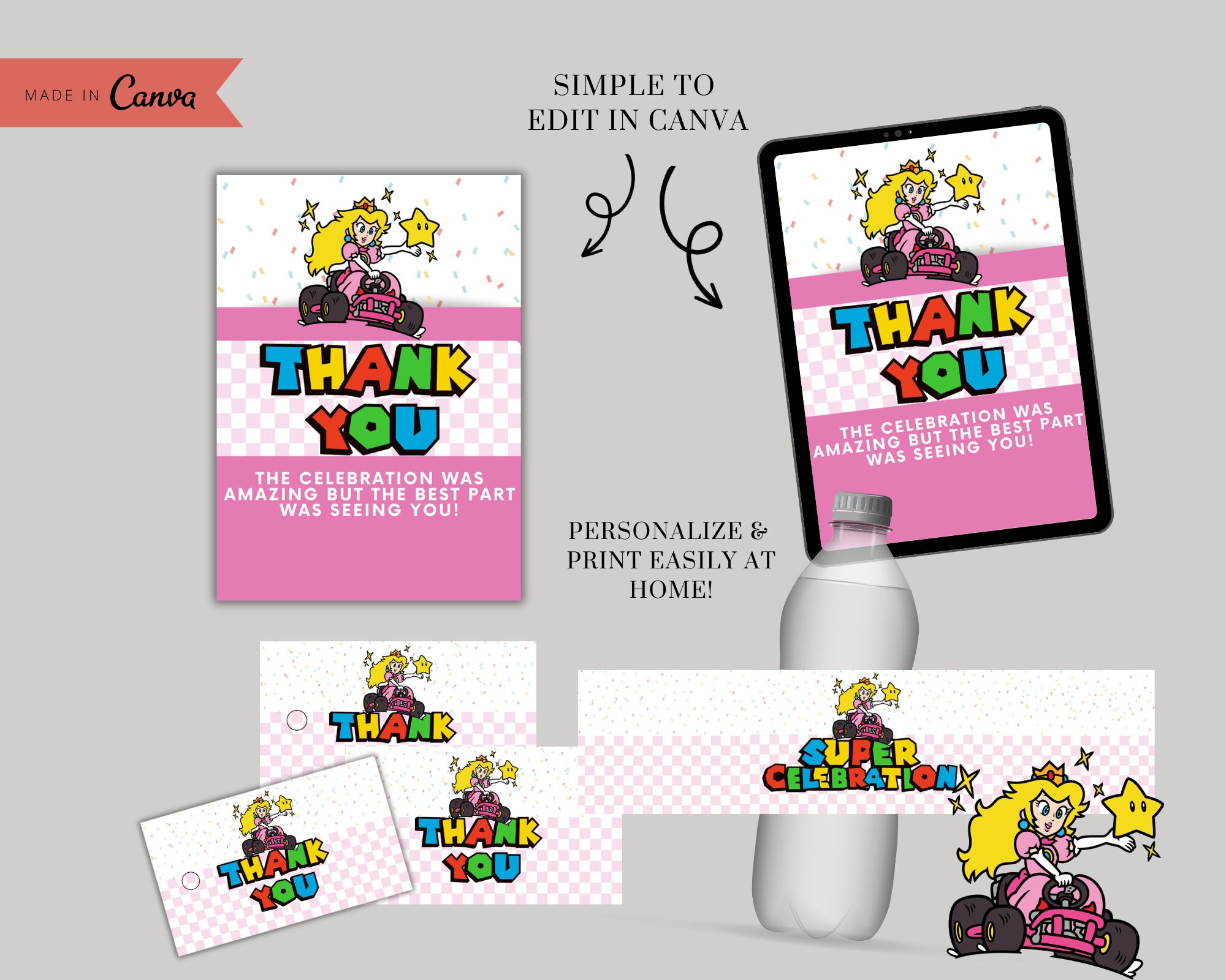 Princess Peach Thank You Card, Super Mario Birthday (digital Template ...