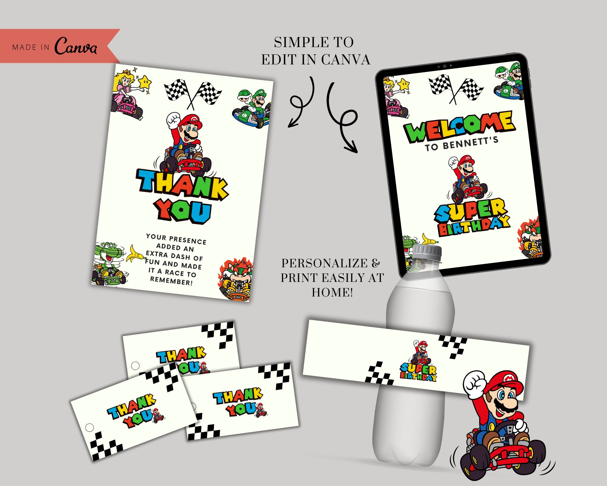 Thank You Card for Mario Kart Birthday Party Mario Bros Thank You Tag ...