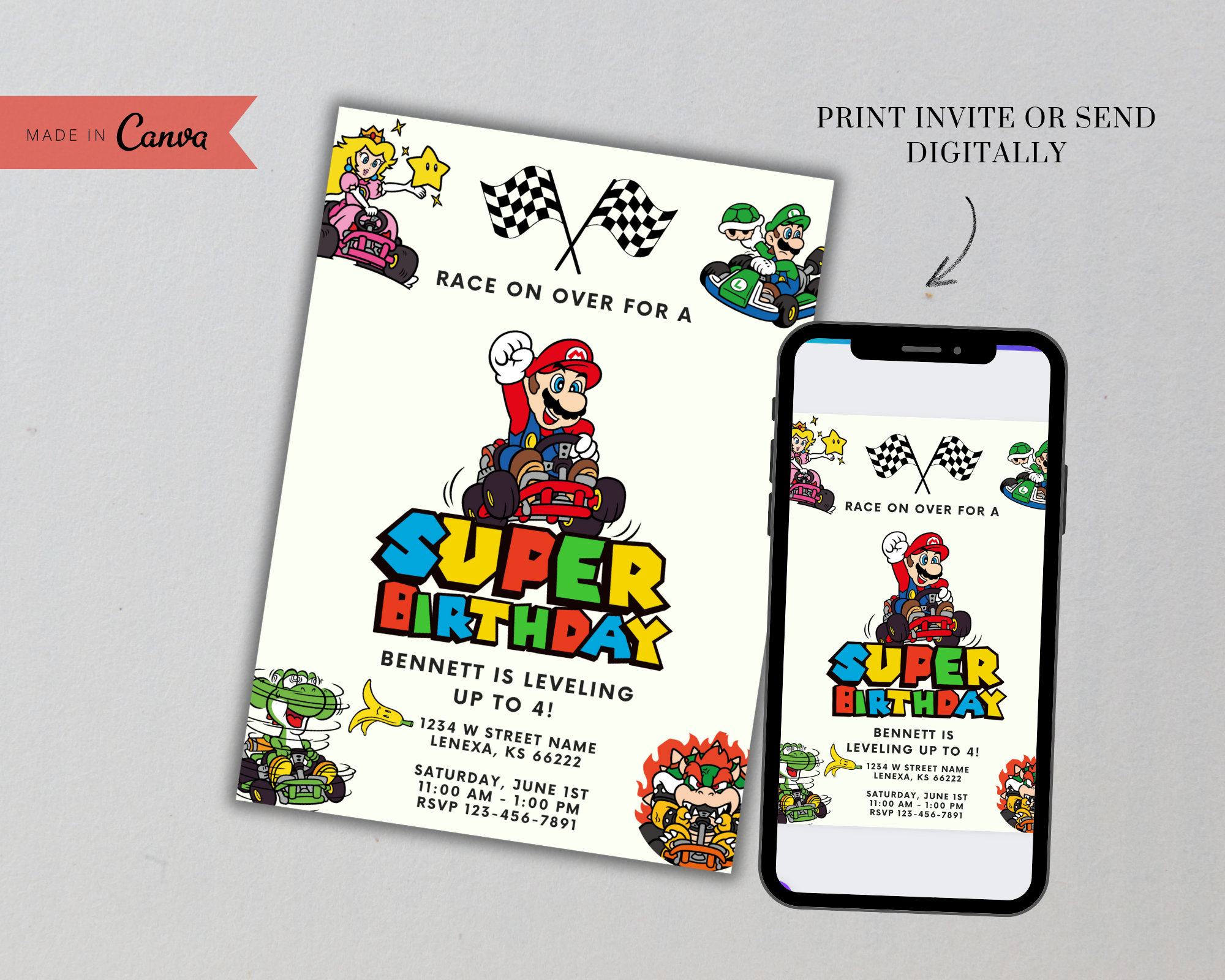 Kid Mario Kart Birthday Invitation Super Mario Birthday Invitation ...