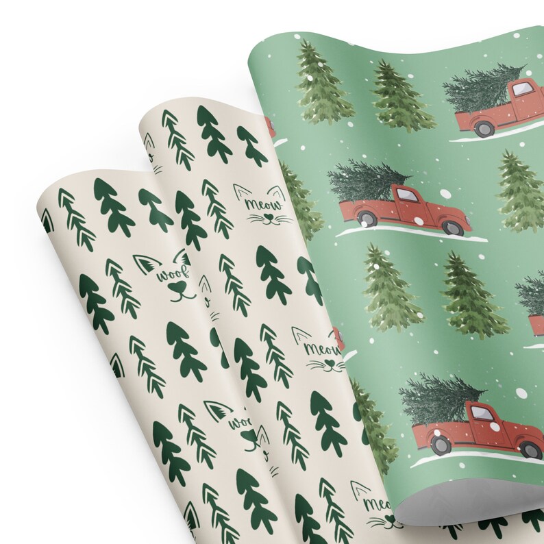 Christmas Wrapping Paper Sheets Woof and Trees Meow and - Etsy