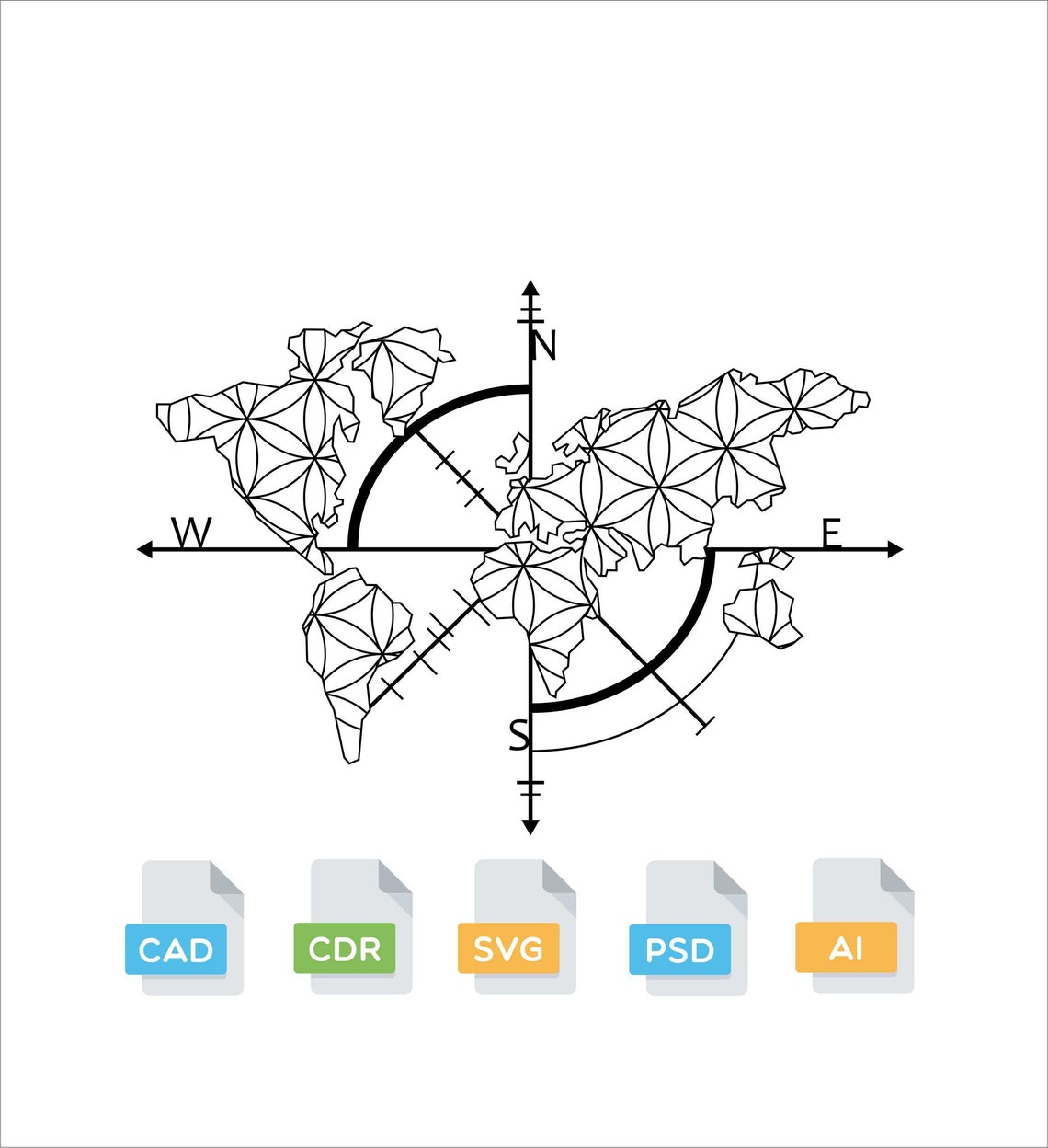 Compass World Map Laser Cut File,cnc Route File,wall Art,world Map Dxf ...