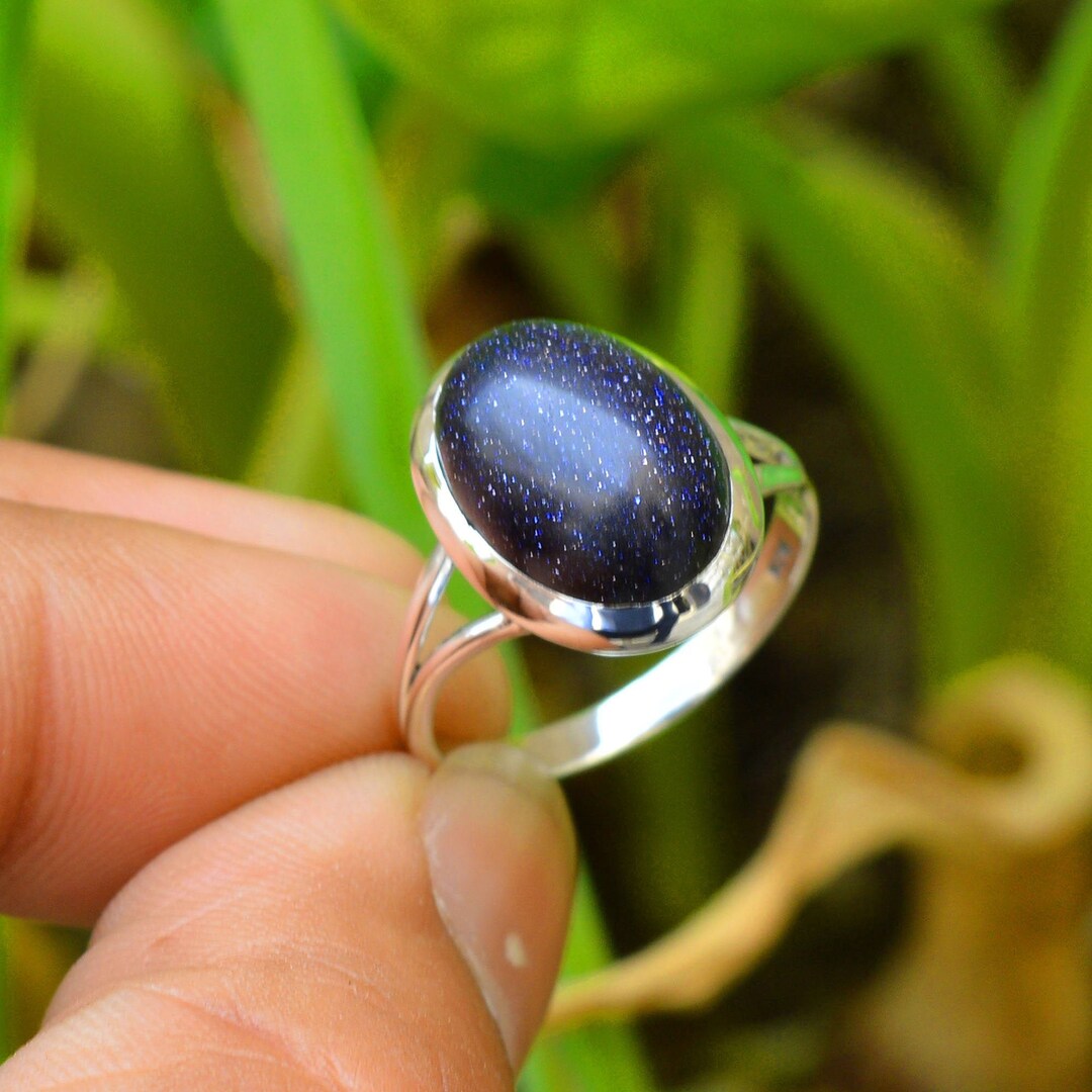 Blue Gold Stone Ring, 925 Sterling Silver, Blue Goldstone 12X16 MM Oval ...