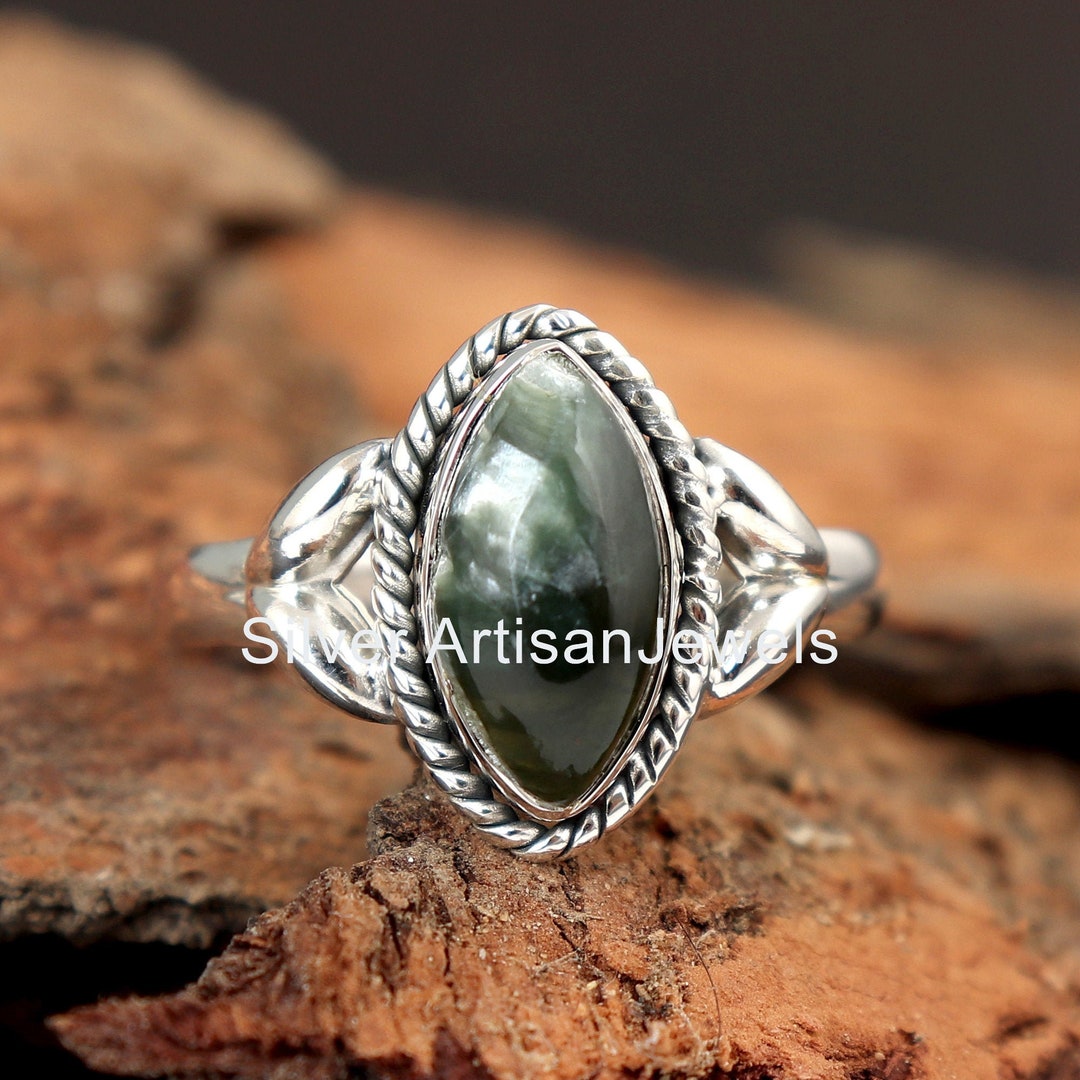 Natural Seraphinite Ring, Seraphinite Gemstone Ring, Marquise ...