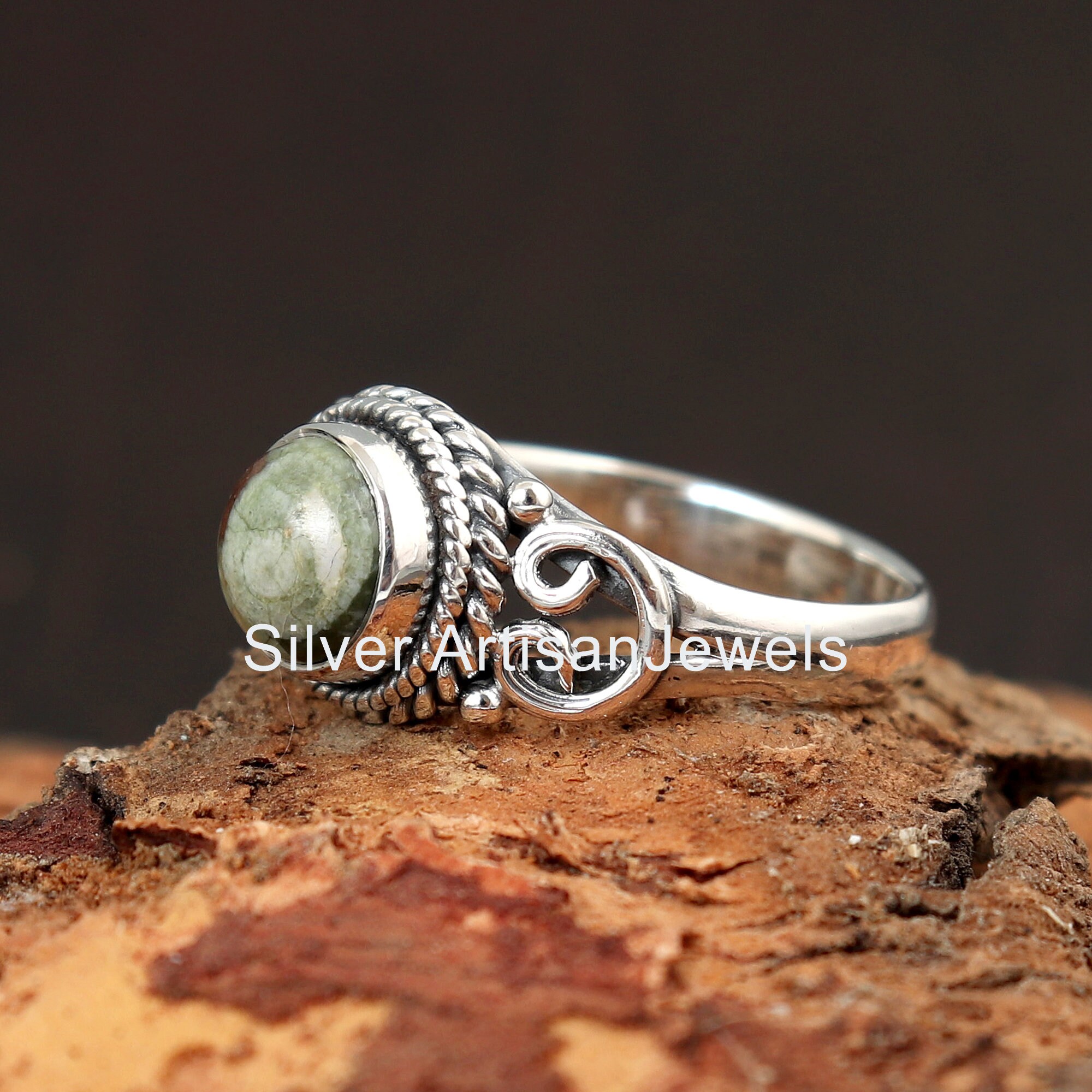 Round Rainforest Jasper Ring Handmade Silver Ring Natural | Etsy