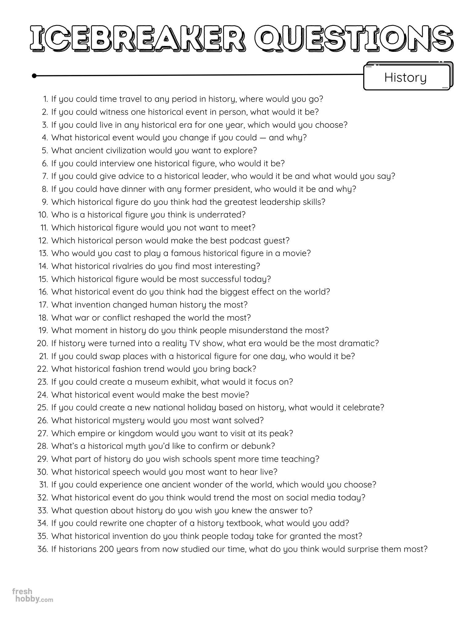 History Icebreaker Questions – Printable Conversation Starters (digital ...