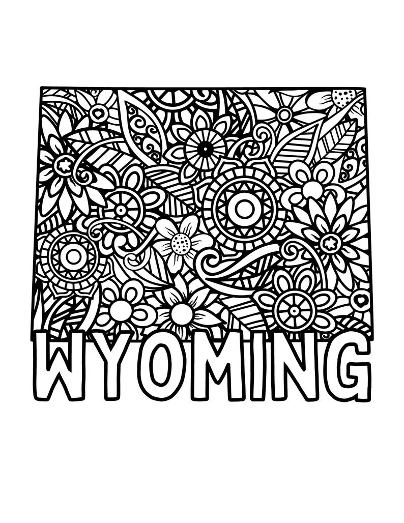 WYOMING Coloring Pages (state Name & Floral Mandala Coloring Sheet) 2 ...