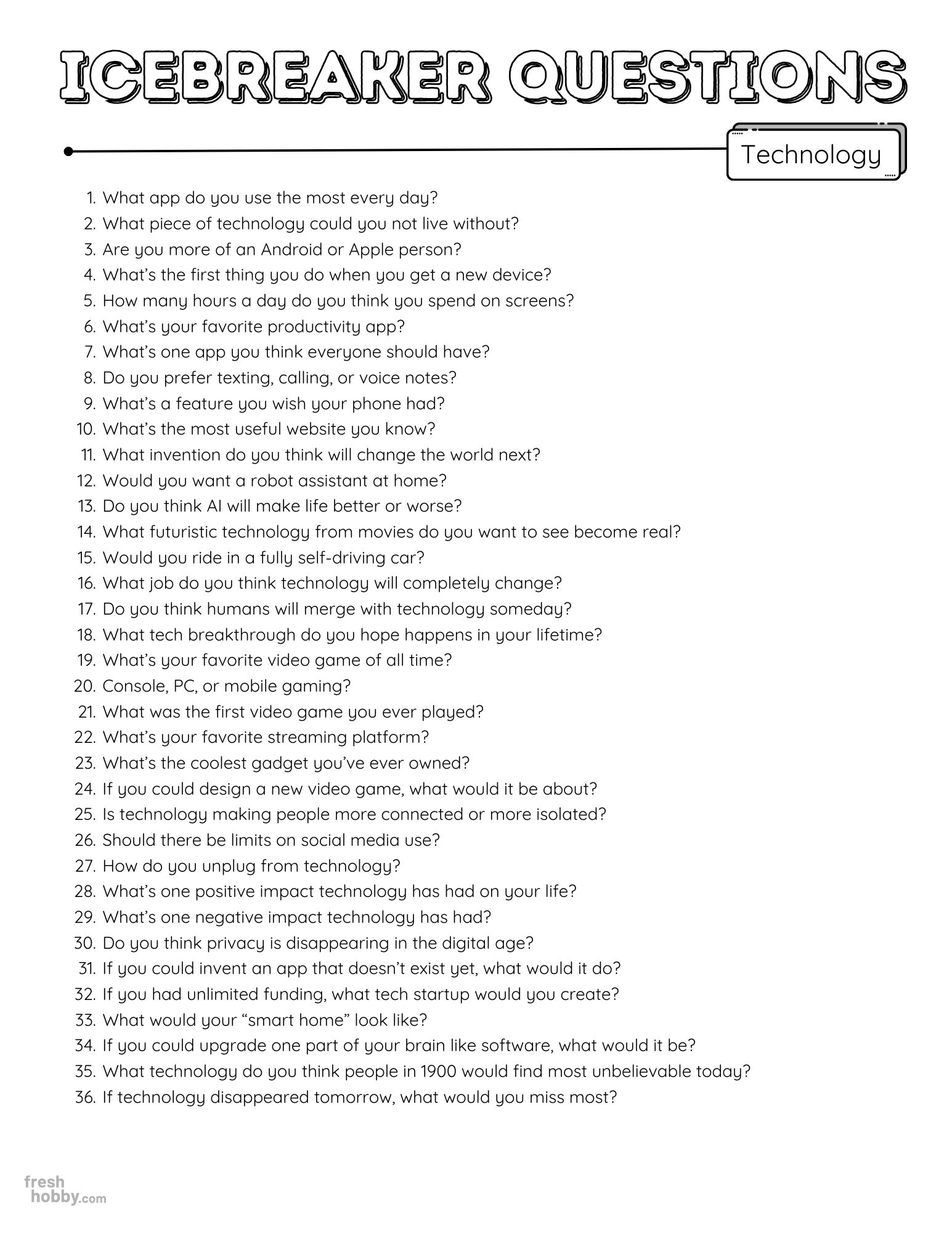 Technology Icebreaker Questions – Printable Conversation Starters ...