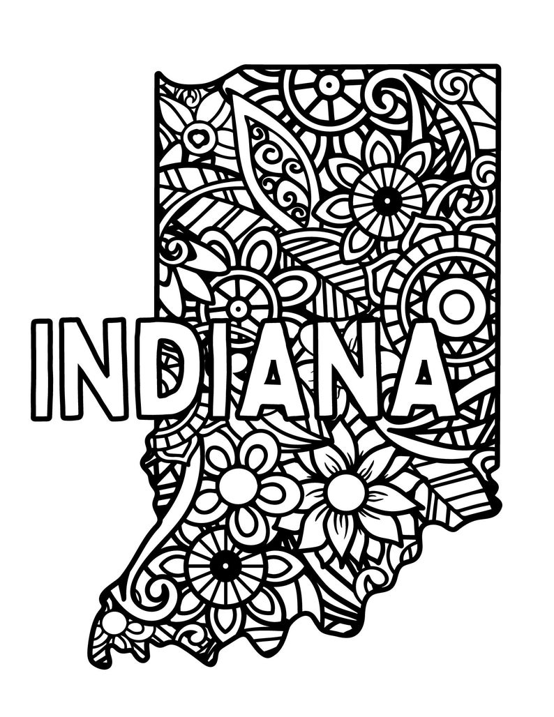 Indiana Coloring Pages: State Name & Floral Mandala (2 PDF Pages) - Etsy