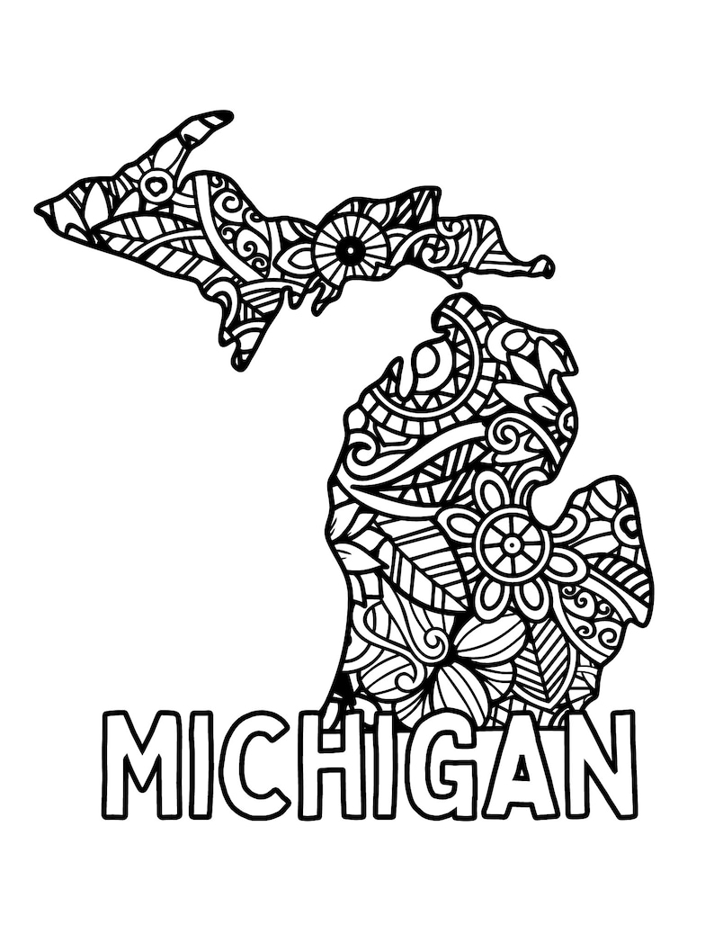 MICHIGAN Coloring Pages (state Name & Floral Mandala Coloring Sheet) 2 ...