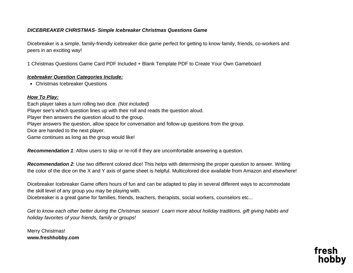 Christmas Dicebreaker Game | Holiday Icebreaker Questions (digital ...