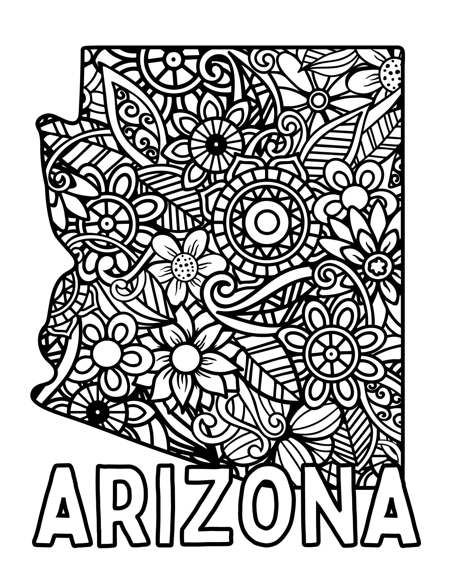 ARIZONA Coloring Pages (state Name & Floral Mandala Coloring Sheet) 2 ...