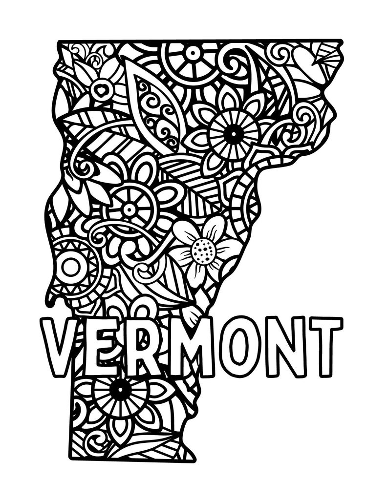 VERMONT Coloring Pages (state Name & Floral Mandala Coloring Sheet) 2 ...