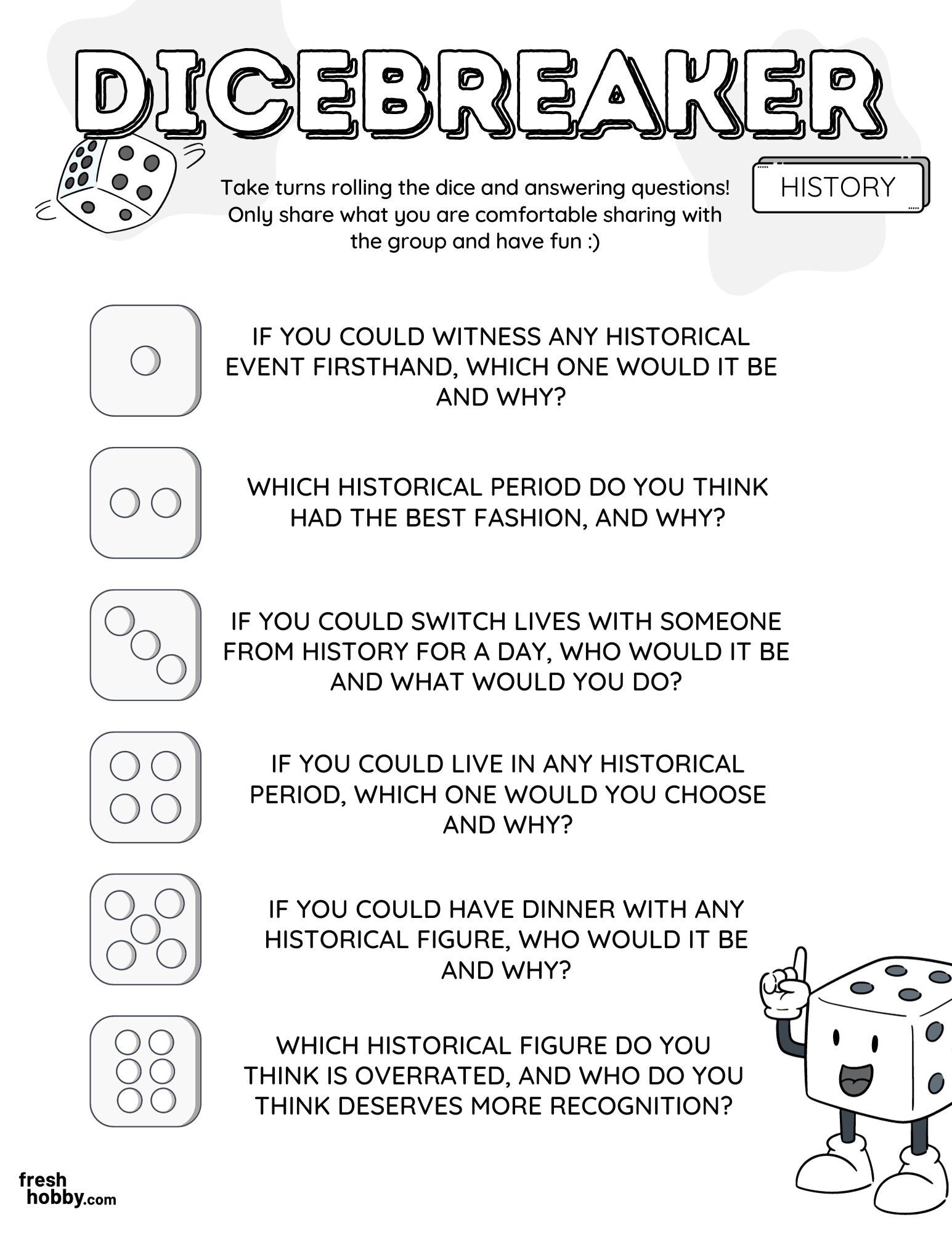 HISTORY Simple-dicebreaker | Simple One-dice Version | Roll & Tell ...