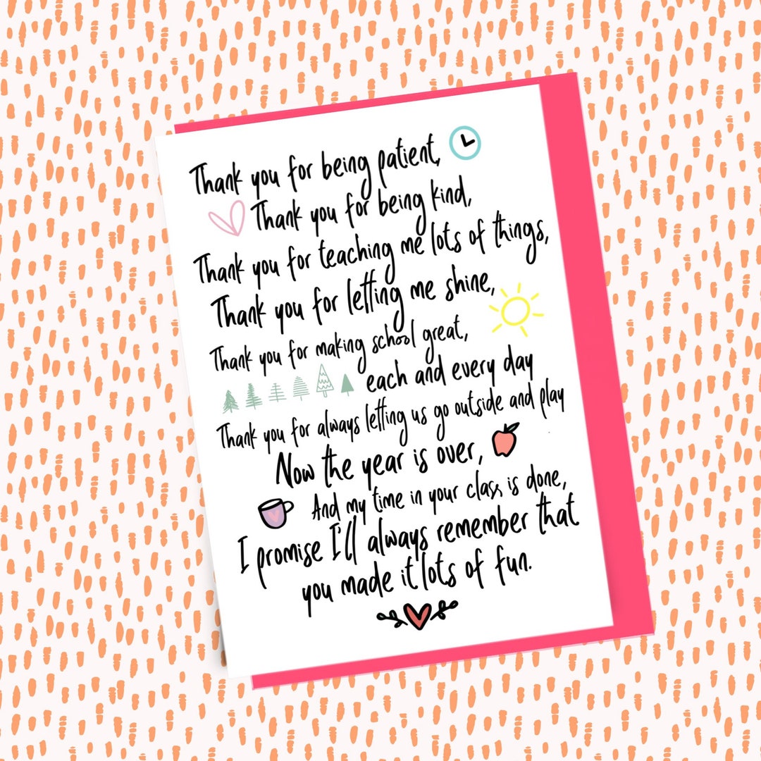 End of Year, Thank You Card for Teacher. Cute Thank You/goodbye Teacher ...