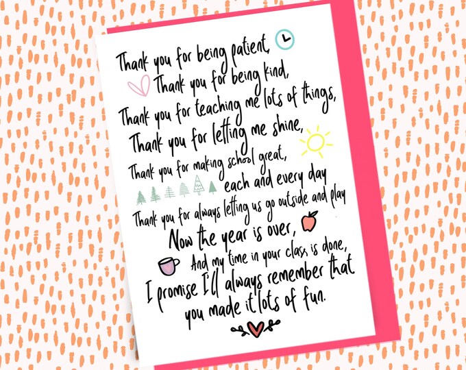 End of Year, Thank You Card for Teacher. Cute Thank You/goodbye Teacher ...