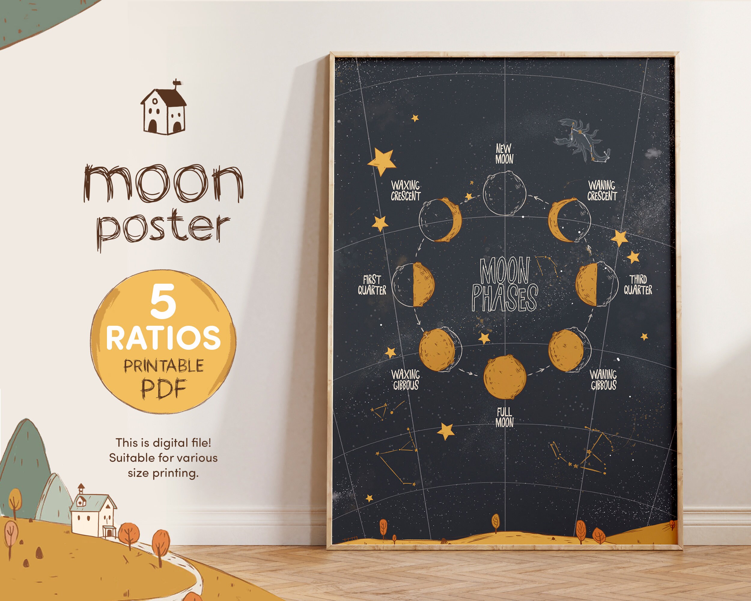 Moon Phases Poster, Illustration Poster, Solar System, Educational ...