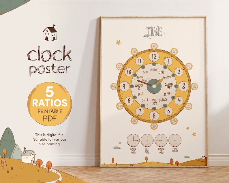 Clock Poster for Kids, Educational Poster, Wall Art for Homeschooling ...