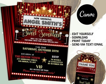 EDITABLE Red Carpet Birthday Invitation, Hollywood Movie Party Invite ...