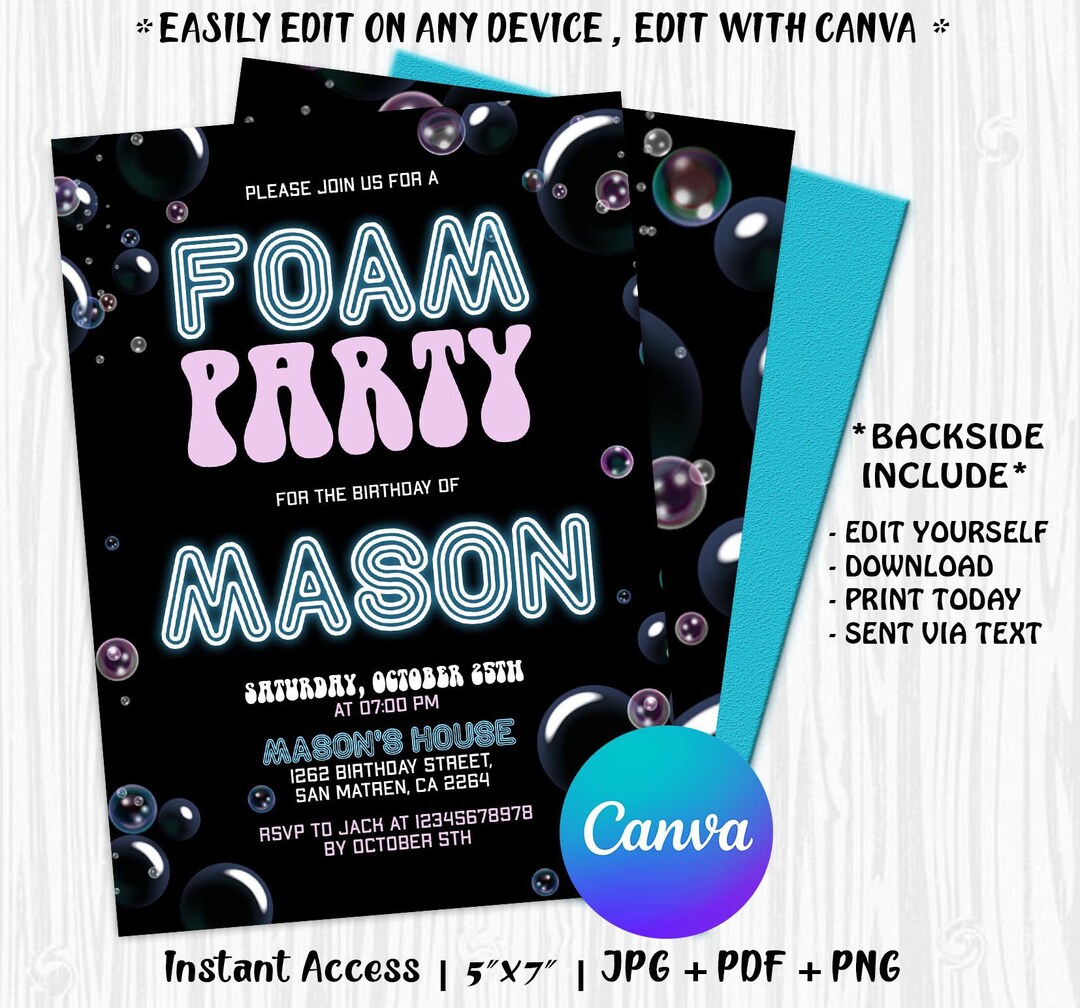 FOAM Party Birthday Invitation, Foam Birthday Party, Editable Foam ...