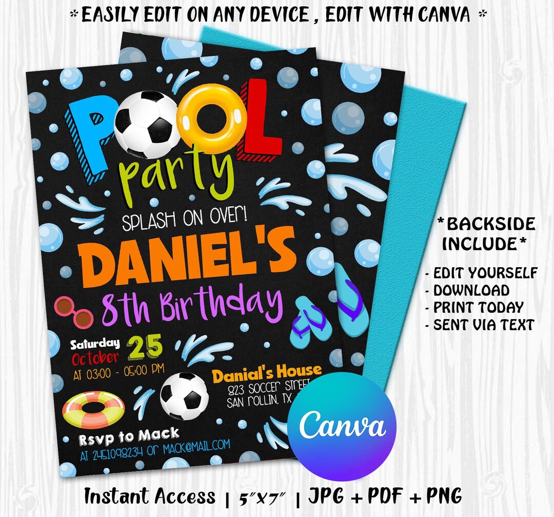 Soccer Pool Party Invitation, Boy Pool Party, Soccer and Pool Party ...