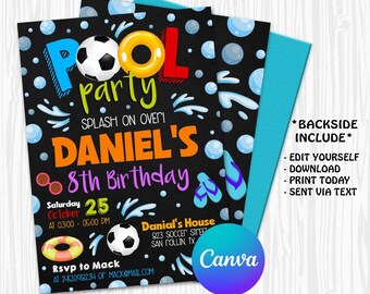 Soccer Pool Party Invitation, Boy Pool Party, Soccer and Pool Party ...