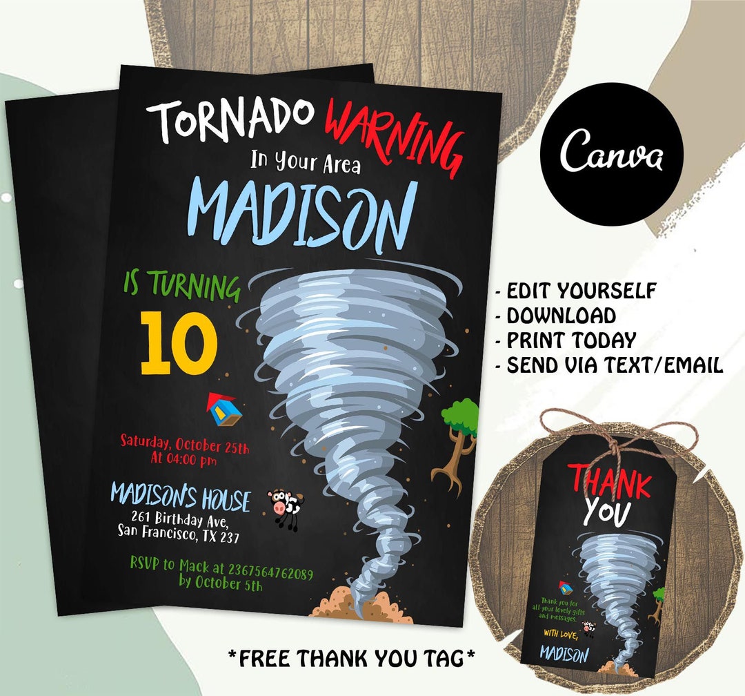 Editable Tornado Birthday Party Invitation, Birthday Invitations ...