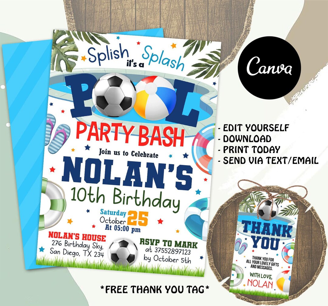 Soccer Pool Party Invitation, Boy Pool Party, Soccer and Pool Party ...