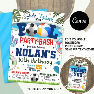 Soccer Pool Party Invitation, Boy Pool Party, Soccer and Pool Party ...