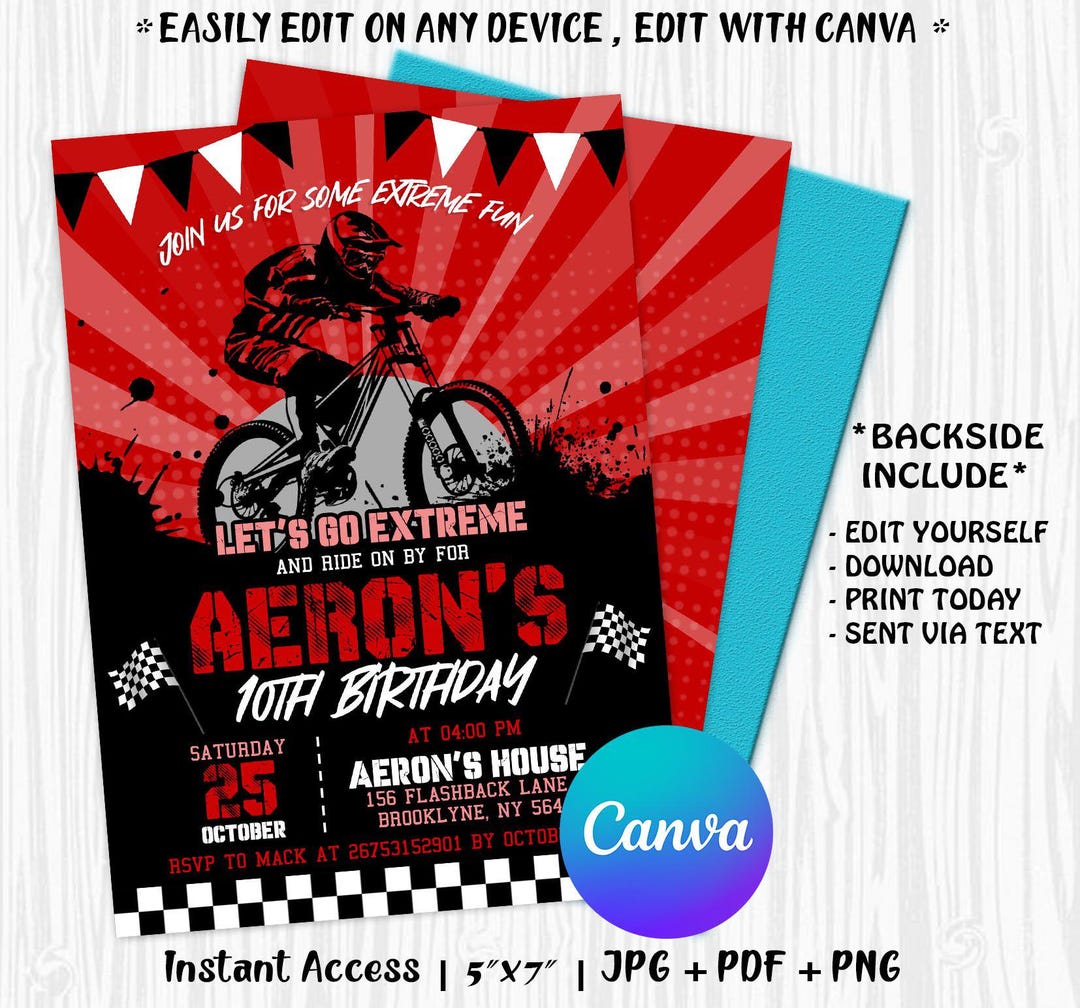Editable Bike Party Invitation, Mountain Bike Party Invite, Dirt Bike ...