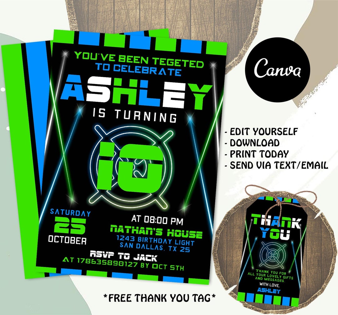 EDITABLE Laser Tag Birthday Invitation, Laser Tag Party Invitation ...