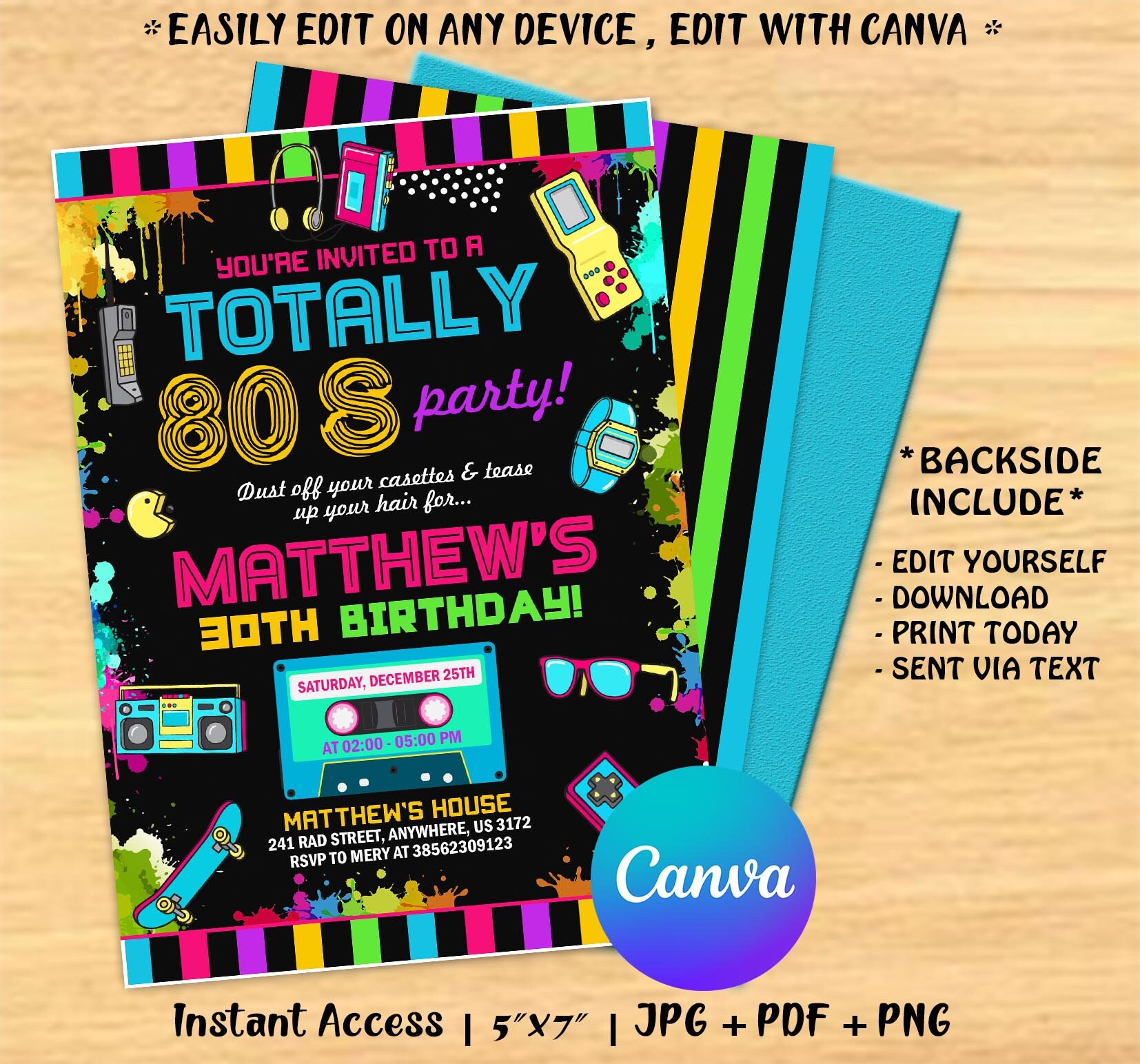 Editable 80's Birthday Invitation 80's Party - Etsy