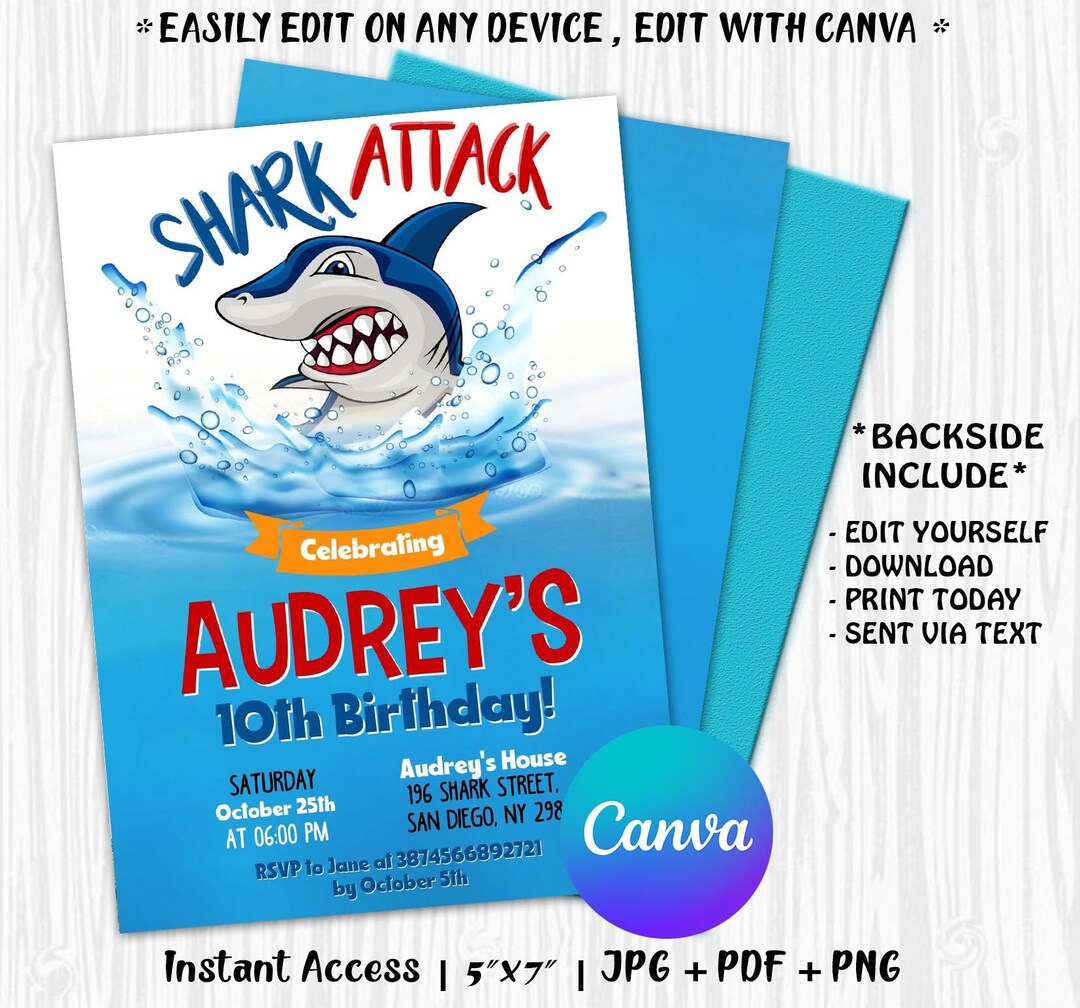 Editable Shark Birthday Invitation, Shark Invitation, Shark Template ...