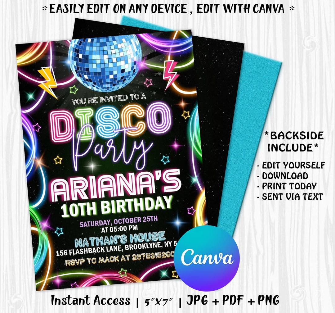 Editable Disco Party Birthday Invitation, Disco Gender Neutral Invites ...