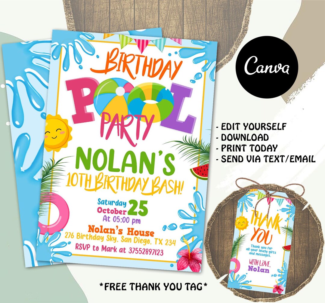 Editable Pool Party Invitation, Pool Birthday Invitation, Pool Party ...