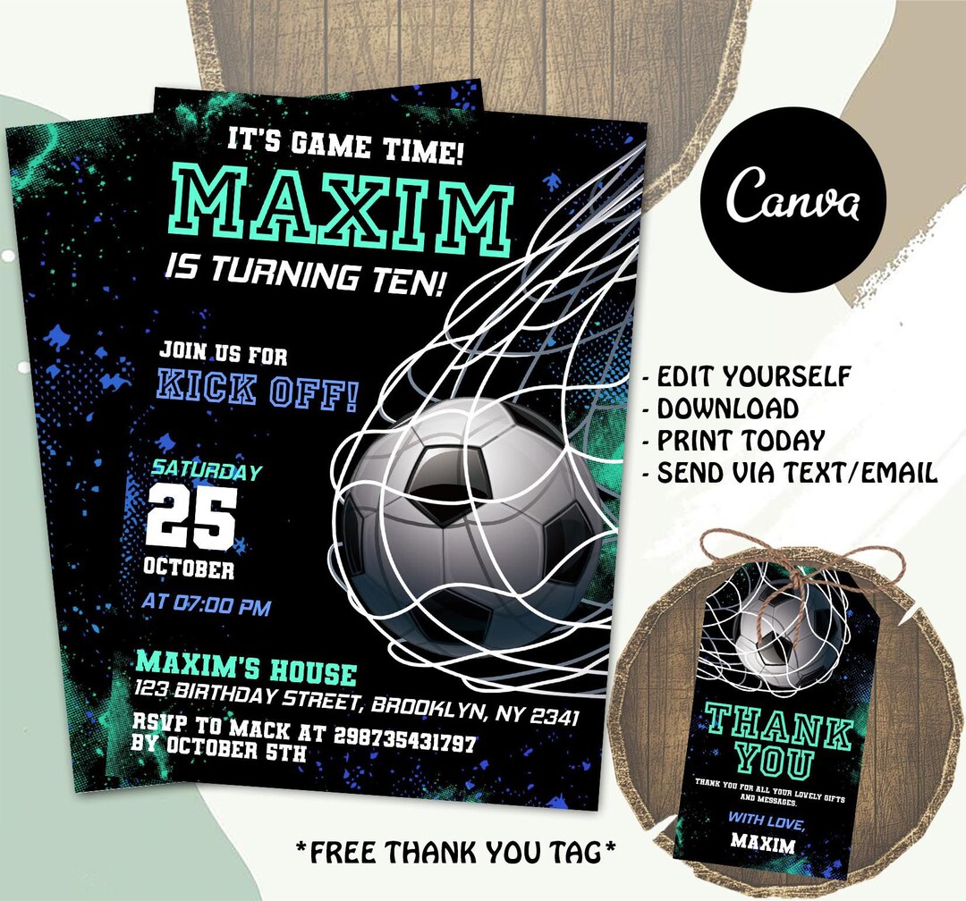 Editable Soccer Birthday Invitation Digital, Soccer Party Invite ...