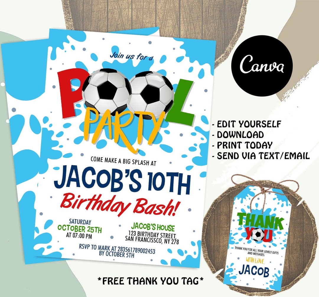 Soccer Pool Party Invitation, Boy Pool Party, Soccer and Pool Party ...