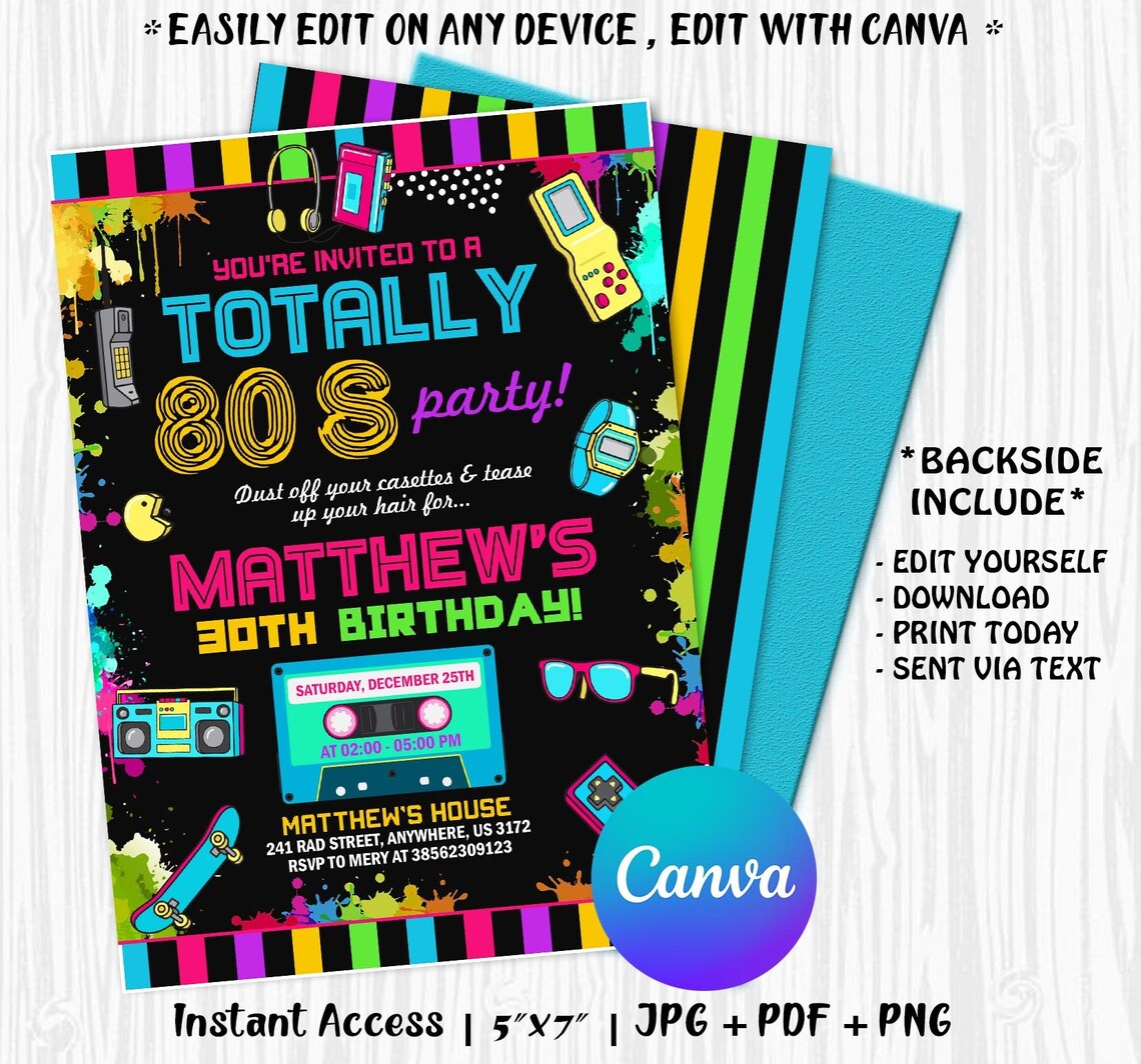 Editable 80's Birthday Invitation, 80's Party Invitation, 80's ...