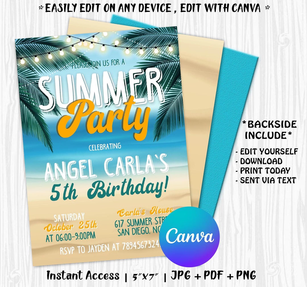 Editable Summer Party Invitation, Summer Party Invites, Beach ...