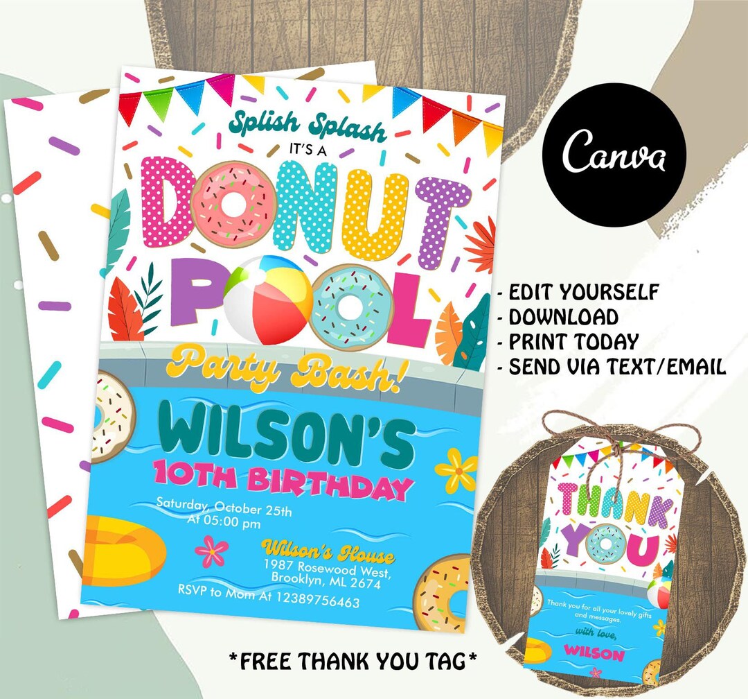 Donut Pool Party Invitation, Summer Birthday Invite, Swimming Pool ...