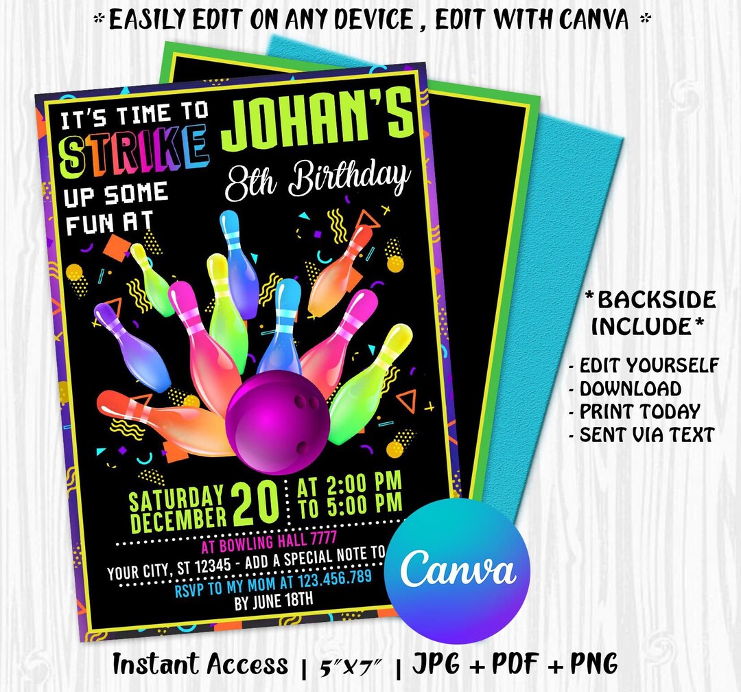 Editable Bowling Invitation, Bowling Birthday Invitation, Bowling ...