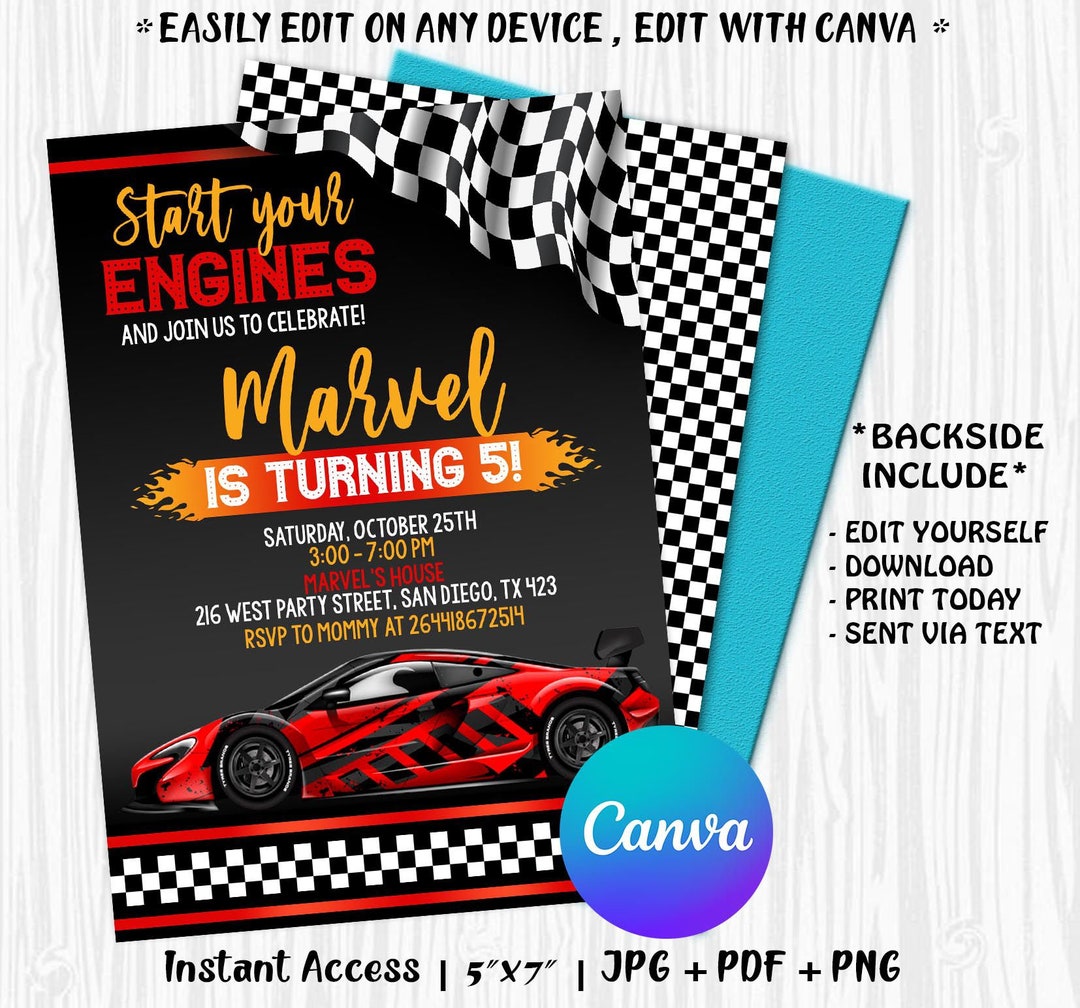 Editable Race Car Invitation, Racing Car Birthday Invitation, Race Car ...